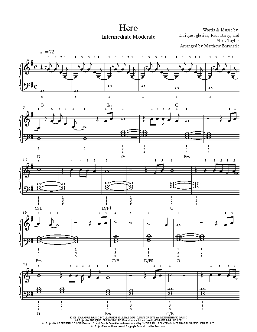 Hero by Enrique Iglesias Piano Sheet Music | Intermediate Level