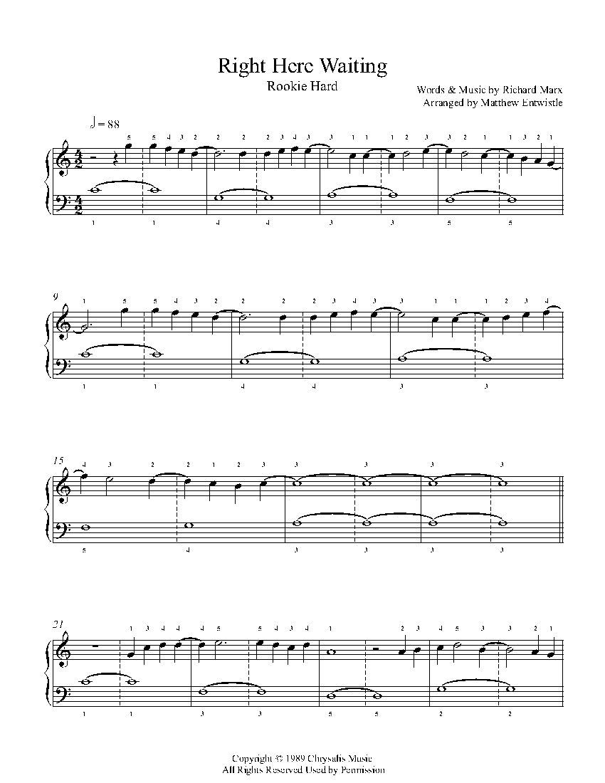 Right Here Waiting By Richard Marx Sheet Music Lesson Rookie Level