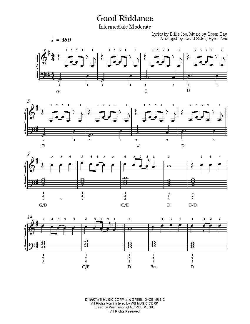 Good Riddance (Time of Your Life) by Green Day Piano Sheet Music ...