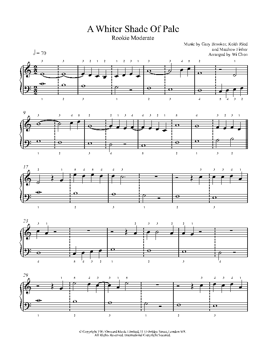 A Whiter Shade Of Pale by Procol Harum Piano Sheet Music | Rookie Level