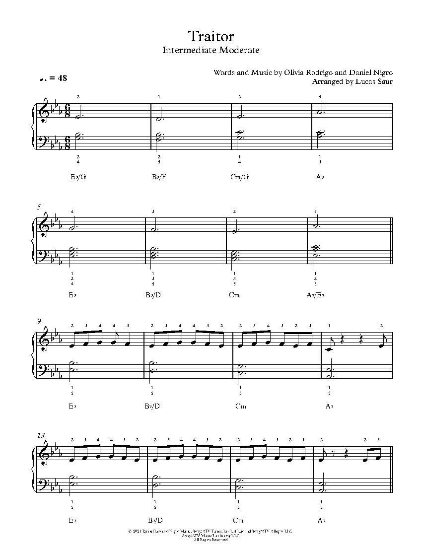 Traitor by Olivia Rodrigo Piano Sheet Music | Intermediate Level